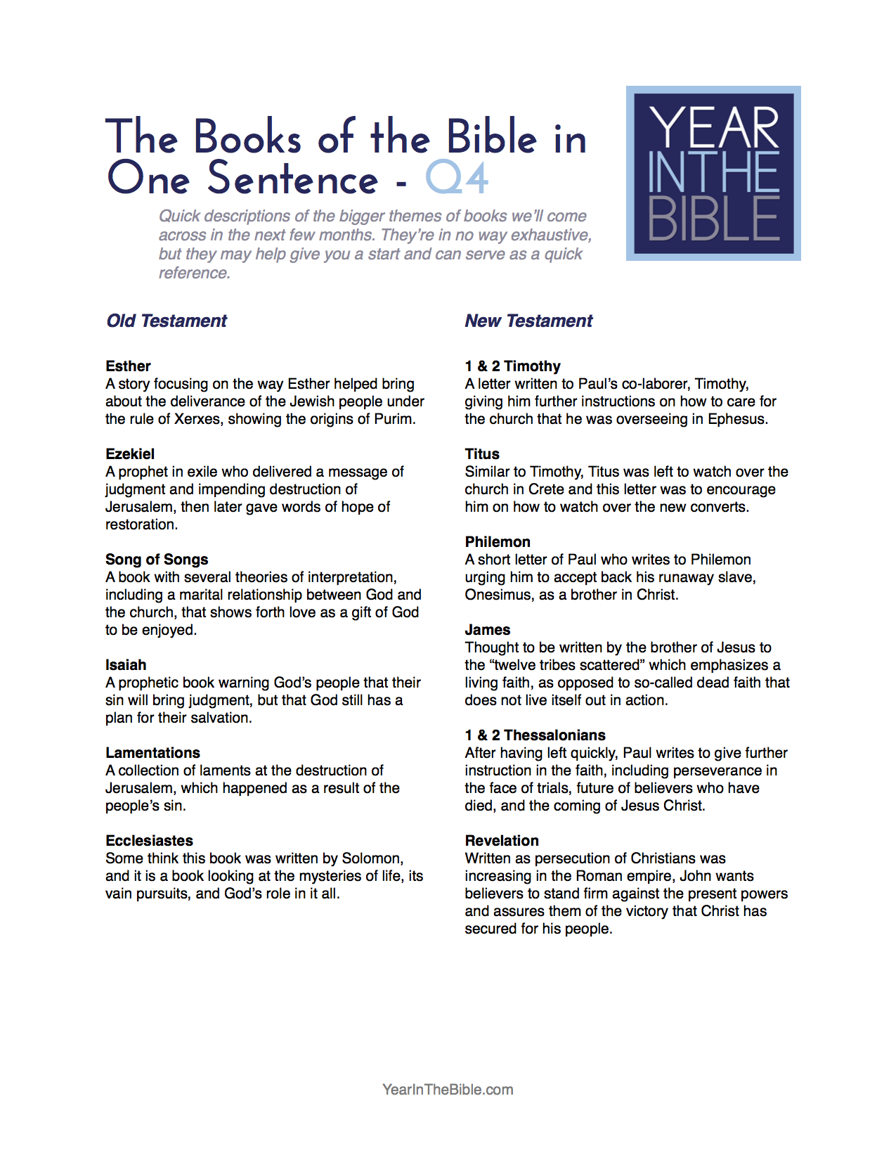 The Books of the Bible in One Sentence, Vol. II – Year in the Bible